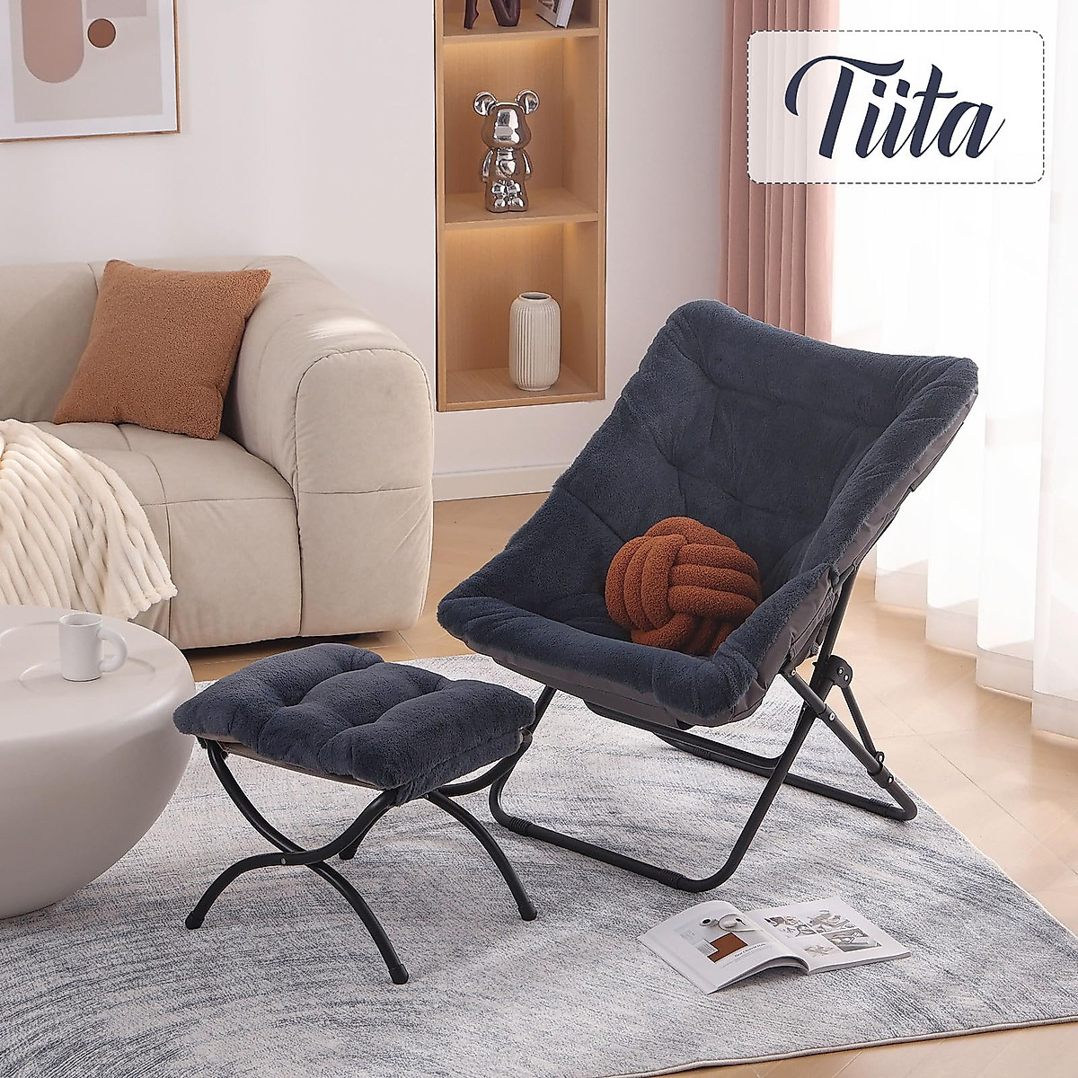 Tiita Saucer Chair with Ottoman, Soft Faux Fur Oversized Folding Accent Chair,Lounge Lazy Chair, Metal Frame Moon Chair for Bedroom, Living Room, Dorm Rooms, Garden and Courtyard