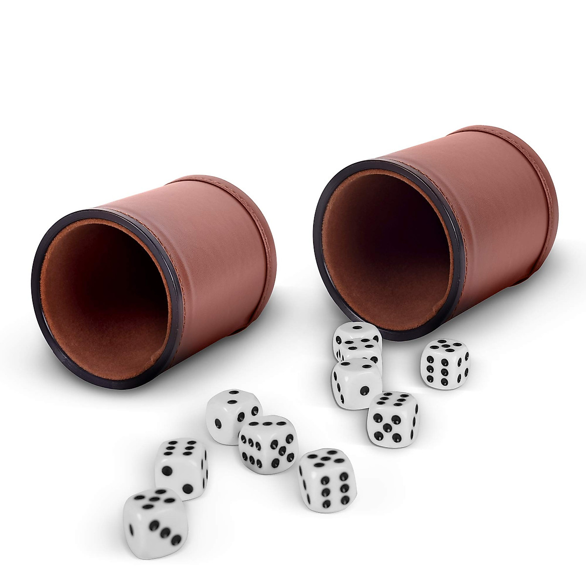 RNK Gaming 5 Pack of Professional Dice Cups PU Leather and Brown Velvet Lined, Includes 25 White Six-Sided Dice