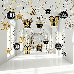 30 Count 30th Birthday Party Decorations, 30th Birthday Party Hanging Swirls Ceiling Decorations with Cutout Shiny Celebration Hanging Streamers Spirals Ornaments for Birthday Party Supplies