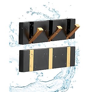 2 Pack，Watertight Black Gold Towel Hooks，Folded Invisible Coat Wall Hooks，Bathroom Towel Hook for Wall，Black Matte Minimalist Towel Hooks，Key Hooks for Wall，Door Robe Hooks，Also for Kitchen，Balcony.