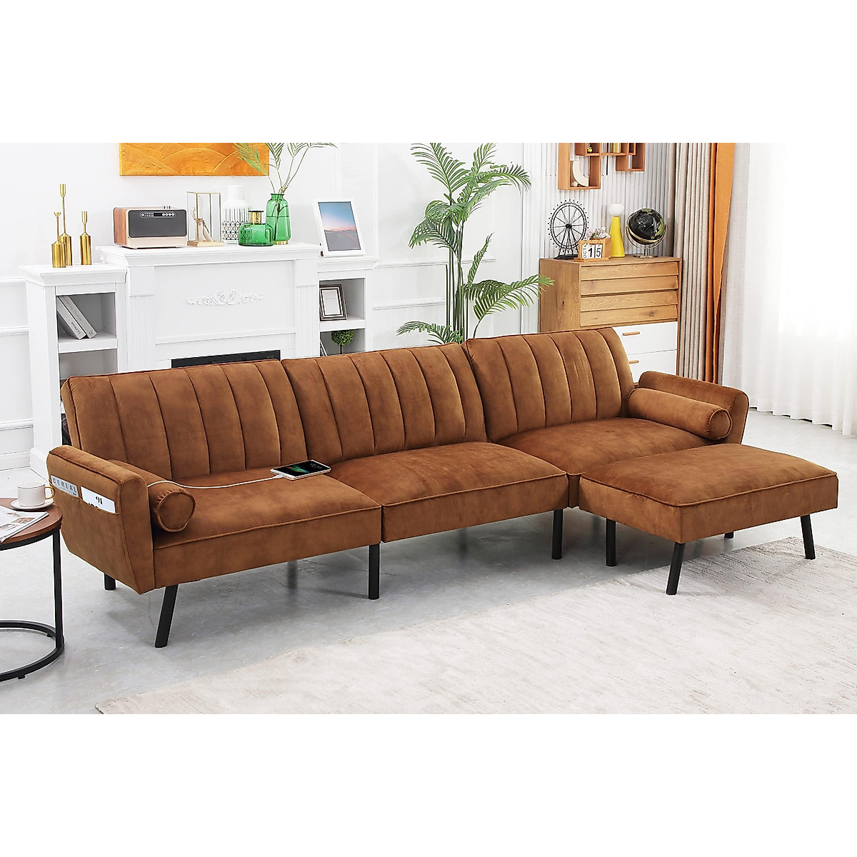 DURASPACE Velvet Sectional Convertible Sofa with Chaise, 106.5" L Shape Sectional Sofa Couch with USB, Split Back Folding Futon Couch for Living Room (Caramel Brown)