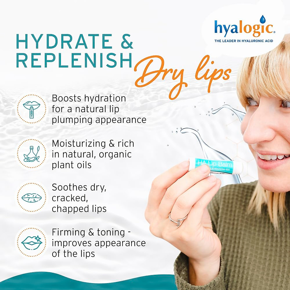 Hyalogic HA Lip Balm - Hyaluronic Acid & Organic, Natural Coconut Oil - Soothes Dry, Chapped Lips - Plumping, Moisturizing & Nourishing - Unflavored - Fragrance & Dye Free - 4.25g - 4 Sticks
