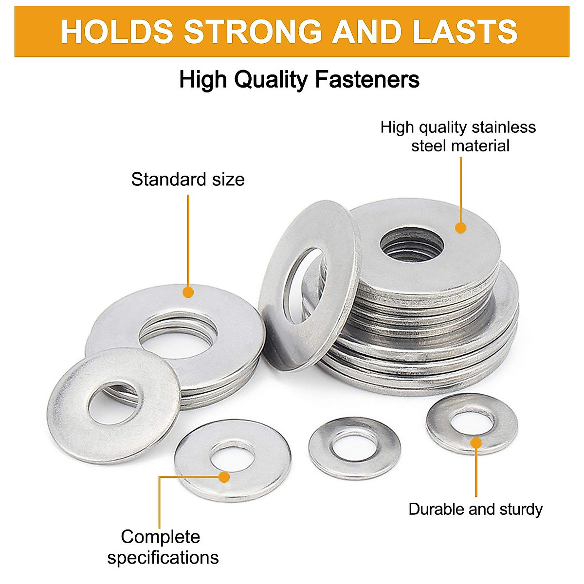 VIGRUE 304 Stainless Steel Flat Washers Assortment Washers Hardware Set 300pieces,8Sizes 1/2" 3/8" 5/16" 1/4" 12# 10# 8# 6#