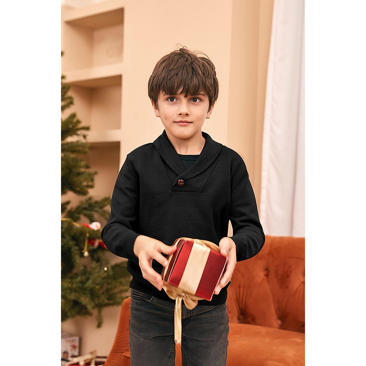 Makkrom Toddler Baby Boy Girl Shawl Collar Pullover Cable Sweaters Knit V Neck Christmas Fall Wniter Outfit Black 2-3T