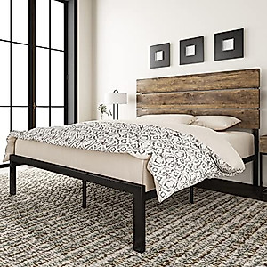 Allewie Queen Size Platform Bed Frame with Wooden headboard and Metal Slats/Rustic Country Style Mattress Foundation/Box Spring Optional/Strong Metal Slats Support/Easy Assembly/Light Brown