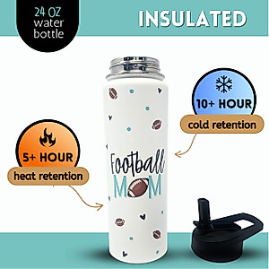 Brooke & Jess Designs Football Mom Tumbler Gifts - Large Insulated Water Bottle with Straw - Stainless Steel Metal 24 oz Travel Cup for Mama, Mother, Wife, Women | Keeps Hot and Cold for Hours