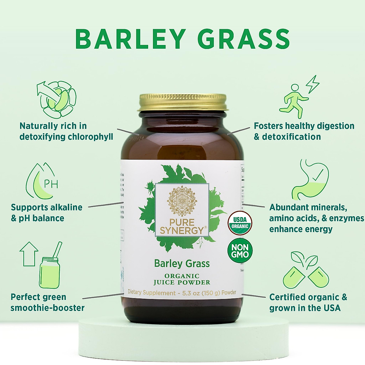 PURE SYNERGY Organic Barley Grass Juice Powder | Chlorophyll-Rich Greens Powder | Organic Cold-Pressed Barley Grass Juice | for Energy, Detox, and Digestion Support (5.3 oz. Powder)