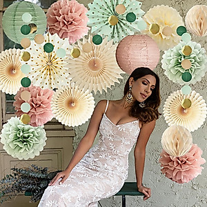 Sage Green and Pink Party Decorations Sage Green Party Decor Sage Pink Cream Paper Pom Poms Paper Fans Cicle Dots Garland for Women Girls Birthday Baby Shower Bridal Shower Wedding Party Decor