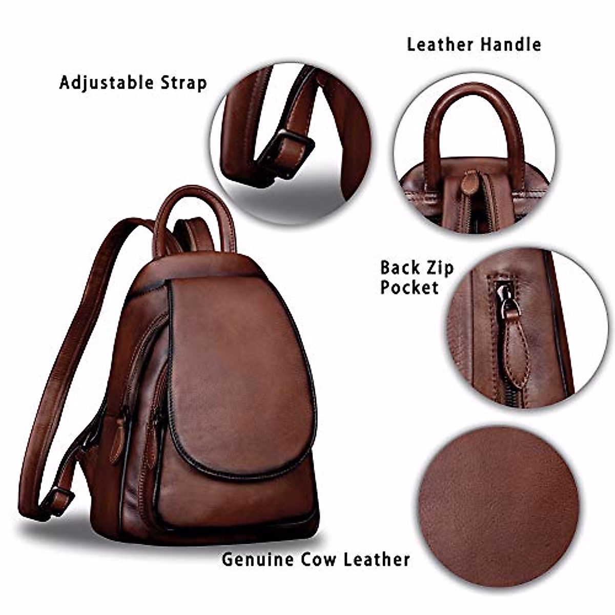 Genuine Leather Backpack for Women Vintage Handmade Casual Knapsack Small Rucksack Satchel (Coffee)