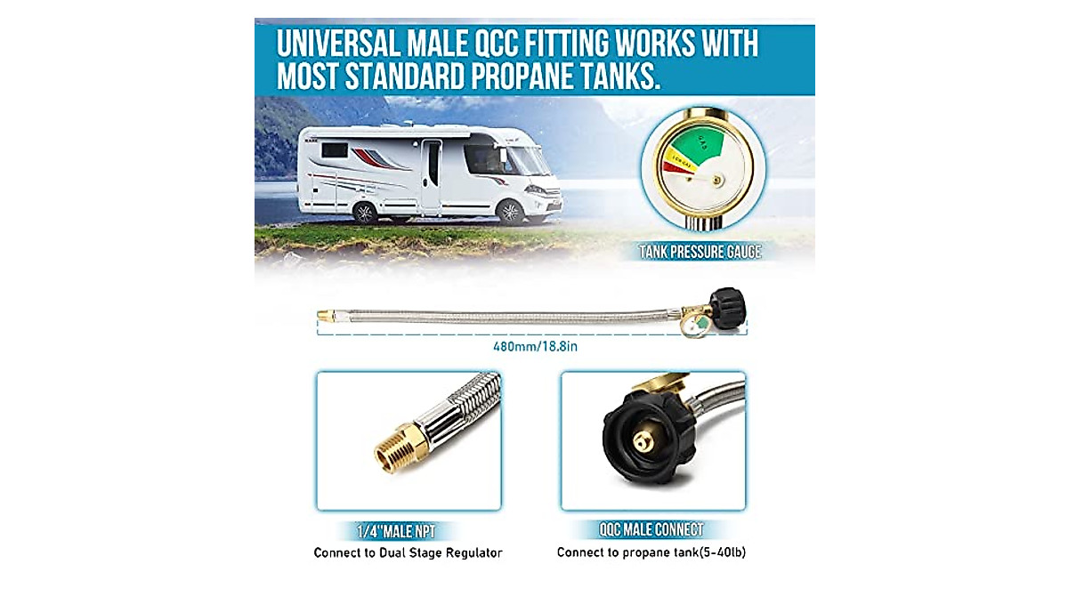 TIPHOPE RV Propane Hose 2-Pack w/Gauge | 15" Stainless Steel