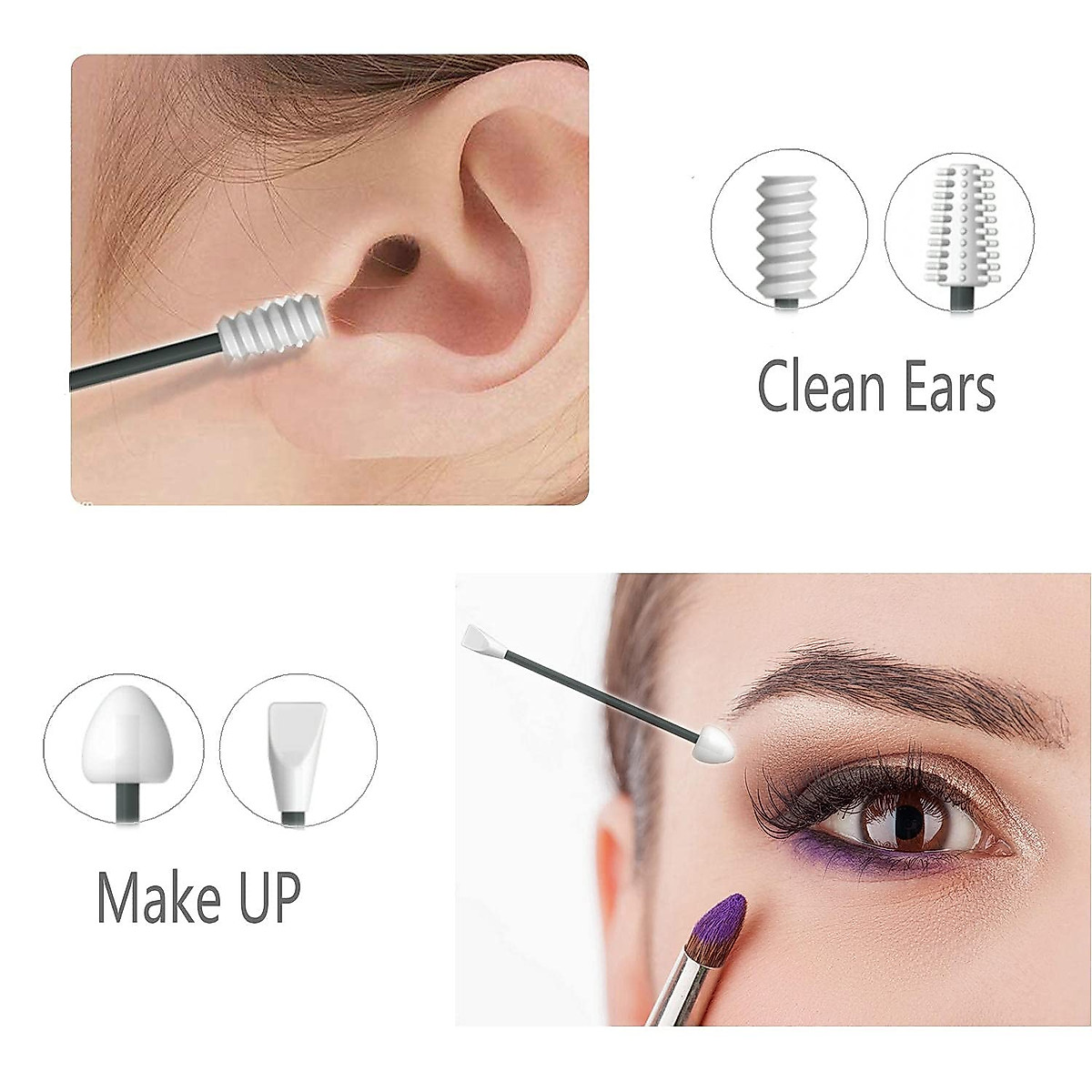 Upgraded Reusable Cotton Swabs 4 Pcs, Uramoto Silicone Ear Swabs Rough Friction Cotton Swabs for Ears Cleaning, Love Shape Swabs for Cosmetic Makeup Beauty-Black