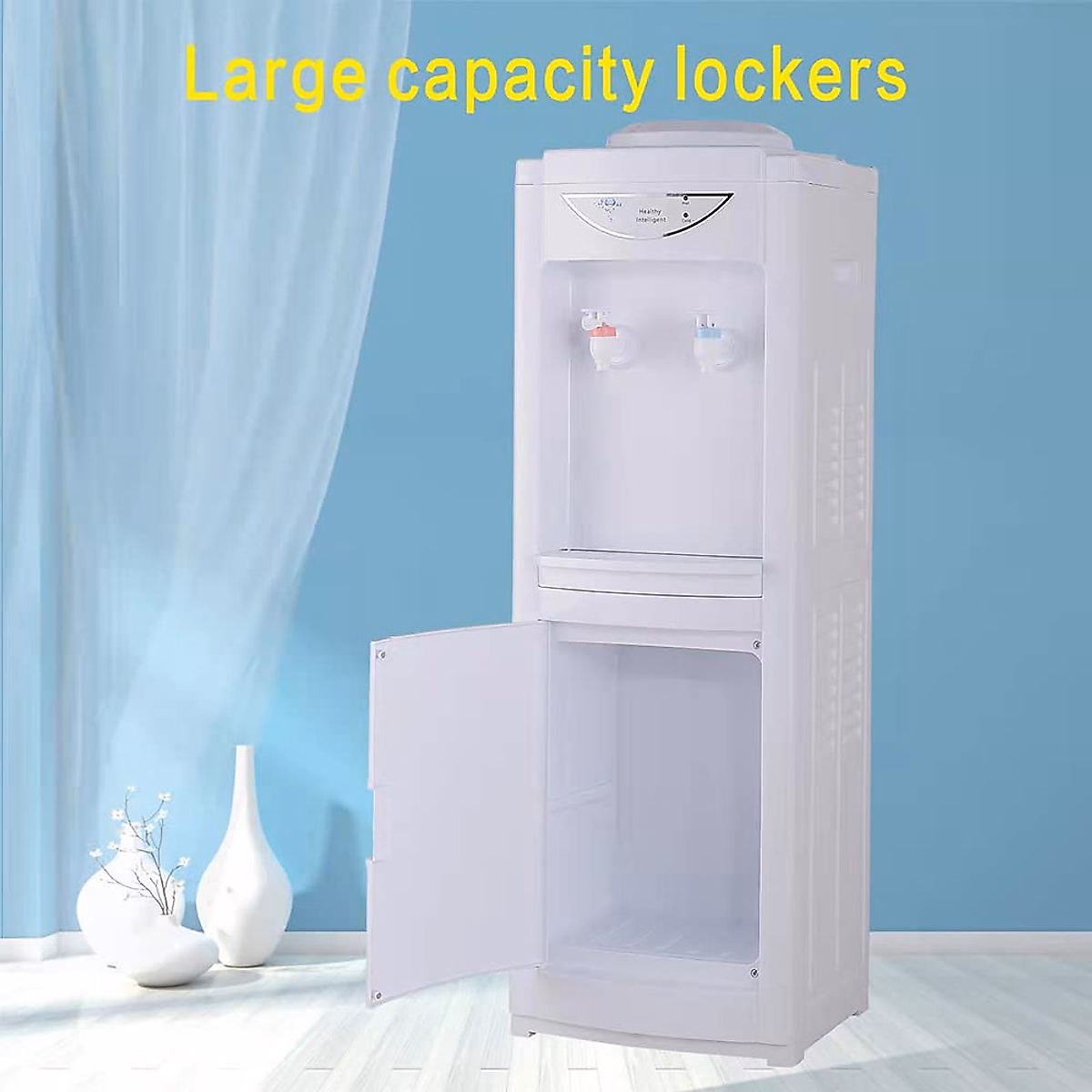 Water Cooler Dispenser 5 Gallon, Top Loading Water Dispenser Hot and Cold Water Dispenser with Storage Cabinet Child Safety Lock for Home Office, White