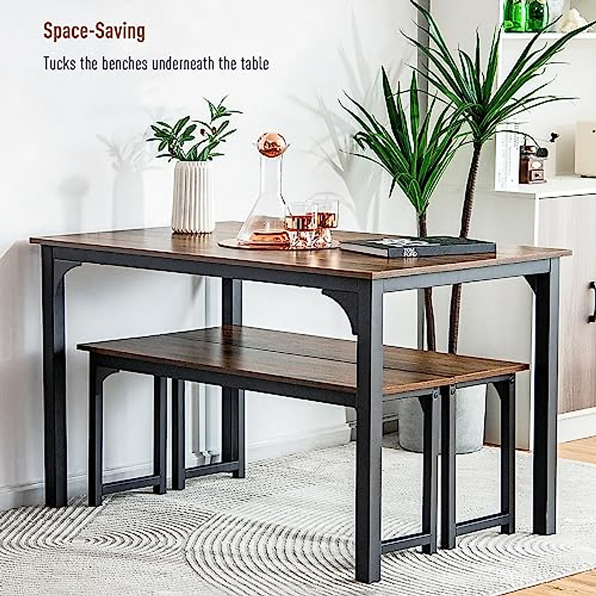NAFORT 3-Piece Dining Table Set for 4, Kitchen Table with 2 Benches, 43.5’’ Space Saving Dining Room Table with Metal Frame & Solid MDF Wood Board, Ideal for Home, Restaurant, Patio Outdoor