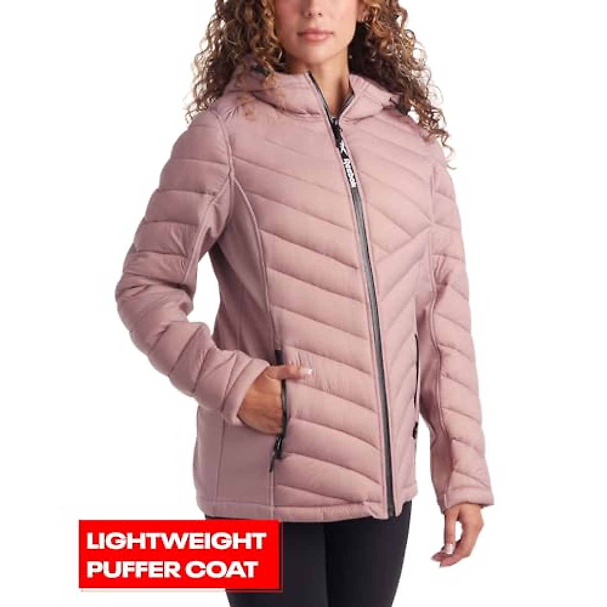 Reebok Women's Jacket - Lightweight Quilted Puffer Parka Coat with Flex Stretch Panels – Casual Jacket for Women (S-XL), Size Large, Dusty Rose