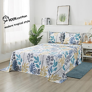 Lemfux Twin Sheet Sets 4Pcs,100% Cotton Palm Leaf Print Plant Luxury White Bed Sheet Sets, Deep Pocket Fitted Sheet Set, Ultra Soft Flat Sheet Set for All-Season Bed Sheets Twin