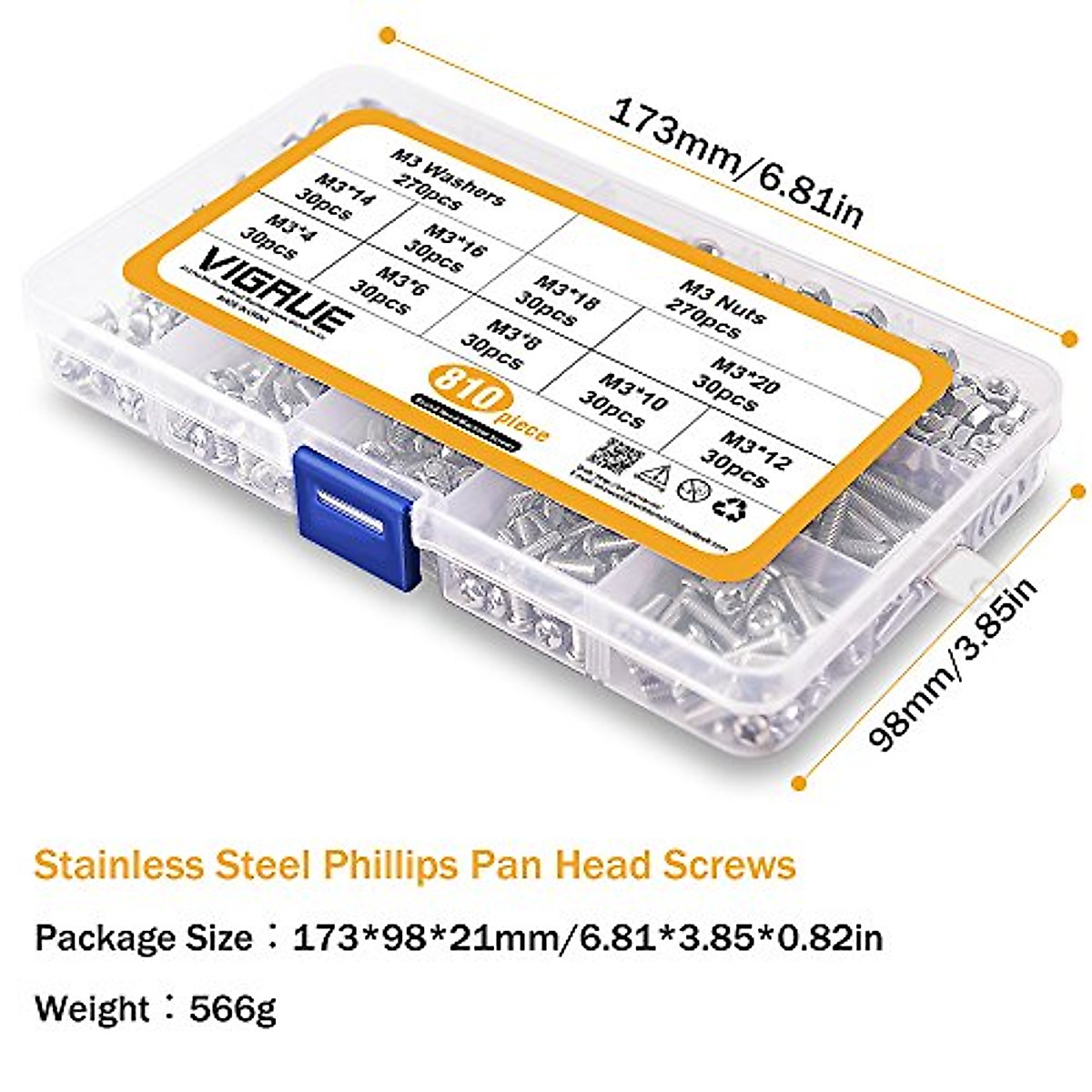 VIGRUE 810Pcs M3 x 4/6/8/10/12/14/16/18/20 mm Screw Assortment Kit 304 Stainless Steel Phillips Pan Head Machine Screws Bolts Nuts Lock Flat Washers with Storage Box