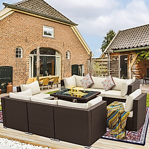 BULEXYARD High Back Brown PE Rattan Outdoor Patio Furniture Set with Propane Fire Pit Table, Large Wicker Outside Sectional Furniture Sofa Conversation Sets for Backyard(Beige, 9Pcs-B)