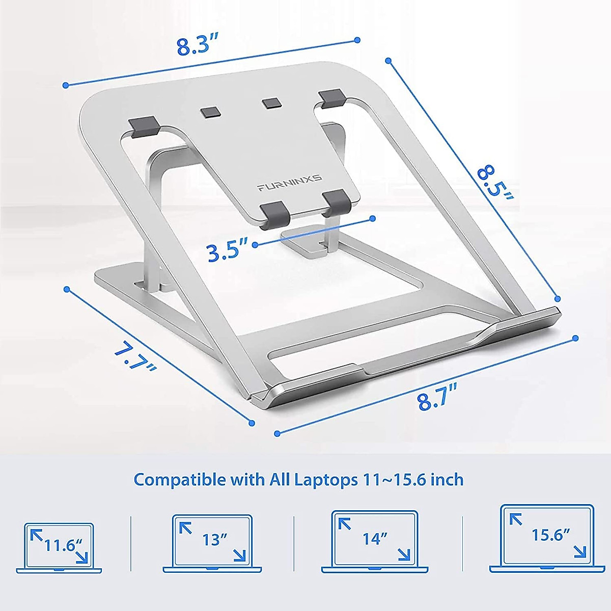 FURNINXS Adjustable Ergonomic Portable Foldable Laptop Stand, Aluminium, Compatible with 11-15.6 Inch Notebooks, MacBook Air, Pro, Dell, Lenovo, HP, Silver