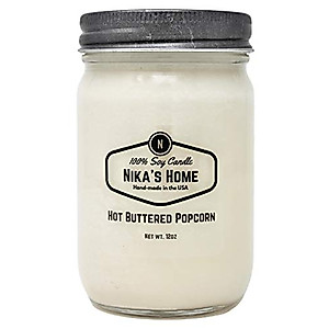 Nika's Home Hot Buttered Popcorn Soy Candle 12oz Mason Jar Non-Toxic White Soy Candle Handmade, Long Burning 50-60 Hours Highly Scented All Natural, Clean Burning Candle Gift Décor