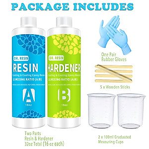 DR. RESIN Clear Epoxy Resin Kit 2 Part Art Resin 32 oz Crystal Countertop Epoxy Kit with Measuring Cups Sticks Spreader Gloves