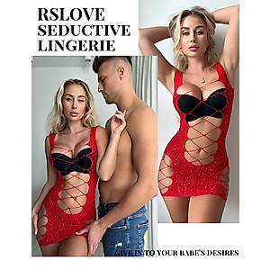 RSLOVE Womens Lingerie Fishnet Mesh Chemise Babydoll Bodysuit Rhinestone Studded Cut-Out Dress One Size Red