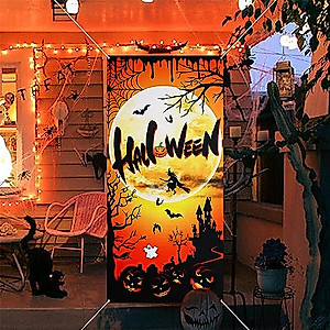 Halloween Door Decoration Happy Halloween Door Cover, Large Fabric Halloween Party Decorations Door Cover for Front Door Porch Wall Decoration Halloween Party Supplies Indoor Outdoor,5.9x2.9 Feet, D
