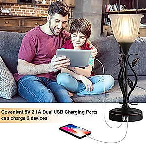 Opoway Set of 2 Touch Control Table Lamps, 3-Way Dimmable Torchiere Bedside Lamps with Dual USB Charging Ports, Leaf Body and Glass Shade Retro Lamps for Living Room, Bedroom, LED Bulb Included