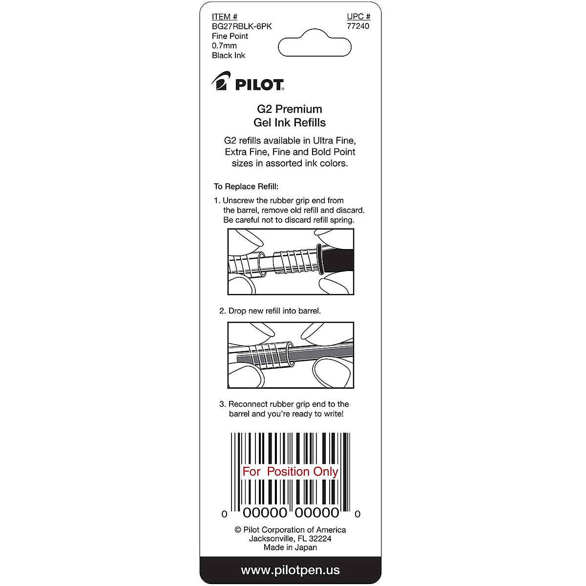 Pilot G2 Gel Ink Refill, Fine Point, Black Ink - Pack of 6 (PIL77240-6PACKS)