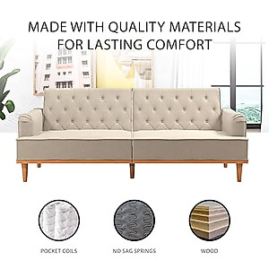 Mr. Kate Stella 80 Inch Futon Sofa Bed, Modern Upholstered Couch Sleeper with Button Tufted Back and Wood Trim, Tan