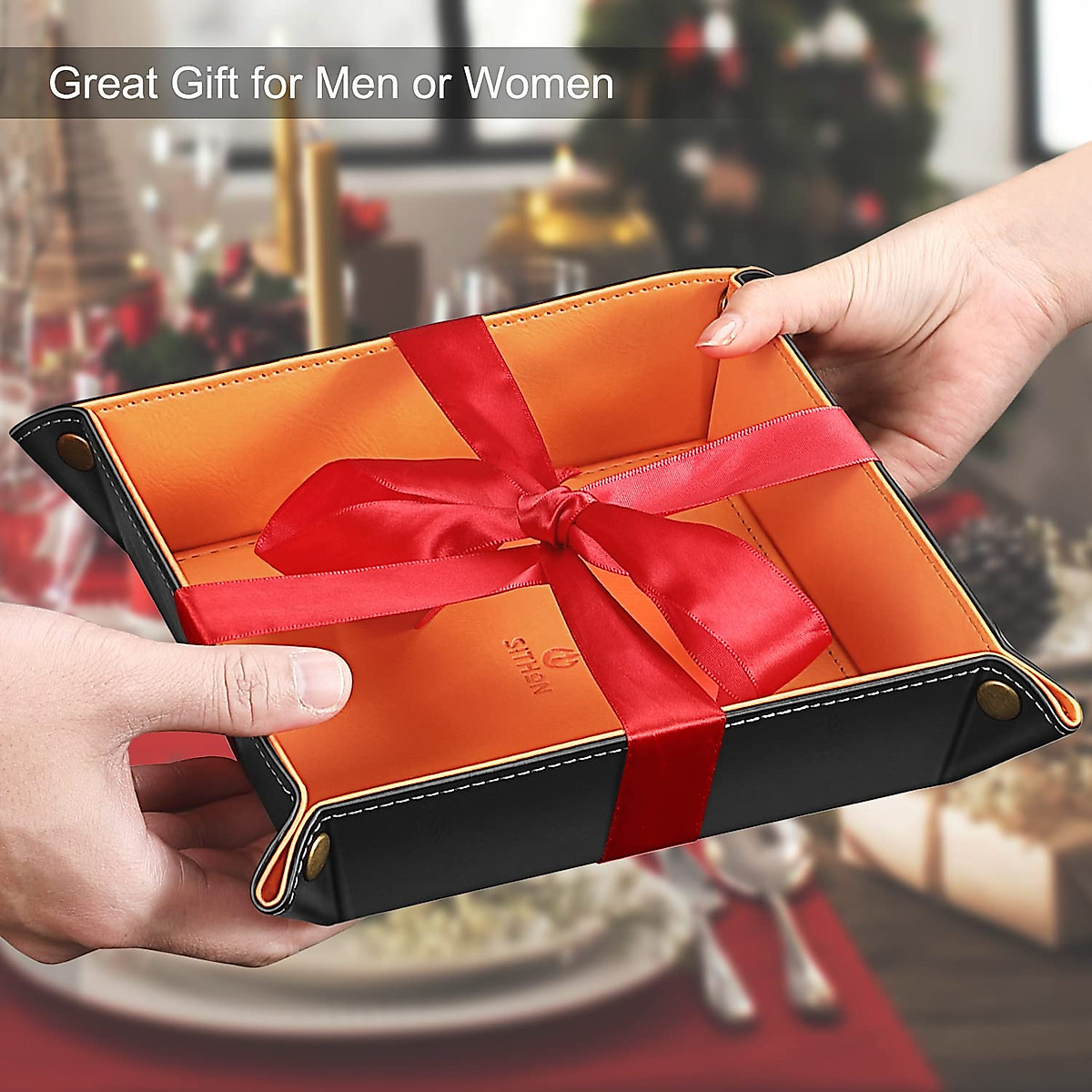 SITHON Valet Tray Desktop Storage Organizer – Premium PU Leather Catchall Bedside Vanity Tray Nightstand Caddy Holder for Remote Controller, Keys, Phone, Wallet, Coin, Jewelry (Orange)