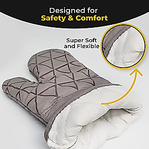 Oven Mitts & Pot Holders Sets - Kitchen Gloves & Towel Gift Box Set Gray 6Pcs by COOK TIDY - 13” Xtra Large Thick Washable - Professional & Heavy Duty - Protective Long Cuff for Cooking, Baking, BBQ