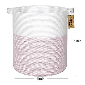 COMFY-HOMI XXL Blanket Basket 18”x16”|Cotton Rope Laundry Basket|Woven Basket for Storage|Gift Basket Empty for Newborn or Infant Gift for Boy Girl, Toy basket for blanket, cloth, towel-White/Pink