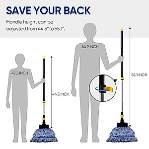 Yocada Commercial Mop Bucket with Wringer Portable Collapsible Plastic Mop Bucket and Looped-End String Wet Mop Heavy Duty Cotton Mop Set Kit