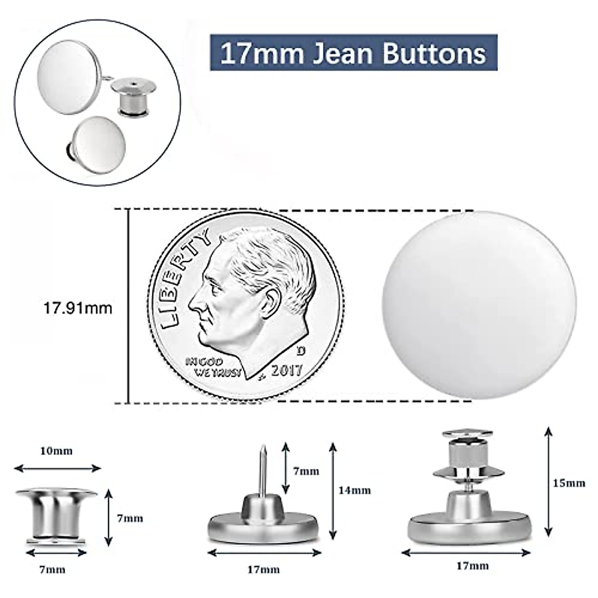 8 Sets of 17 mm Pants Button, Jean Buttons Pins for Loose Jeans, Adjustable Button for Jeans, Reusable and Adjustable Metal Pants Button Tightener