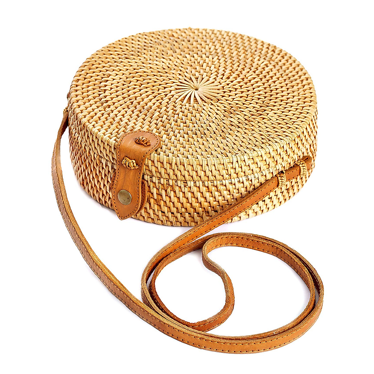 Rattan Bags for Women - Handmade Wicker Woven Purse Handbag Circle Boho Bag Bali (Brown Small)