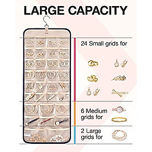 BAGSMART Hanging Jewelry Organizer Storage Roll with Hanger Metal Hooks Double-Sided Jewelry Holder for Earrings, Necklaces, Rings on Closet, Wall, Door, 1 piece, Large, Black