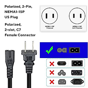 SHAFI® 10FT 2 Prong Power Cord - [UL] Polarized Power Cord NEMA1-15P to IEC-C7 - Replacement Figure 8 AC Power Cable Compatible with Vizio LED-HDTV D-E-M-Series, Sound Bar, Sewing Machine - 10-Feet