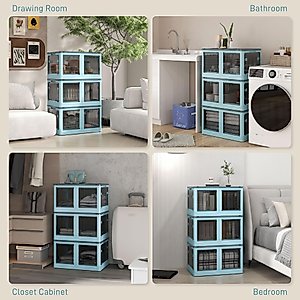 HOMCOM 18 Gal Stackable Storage Bins with Lids, 3 Packs Collapsible Closet Organizers and Storage, Plastic Drawer Storage Container on Wheels with 5-Sided Access, Doors for Blankets, Blue