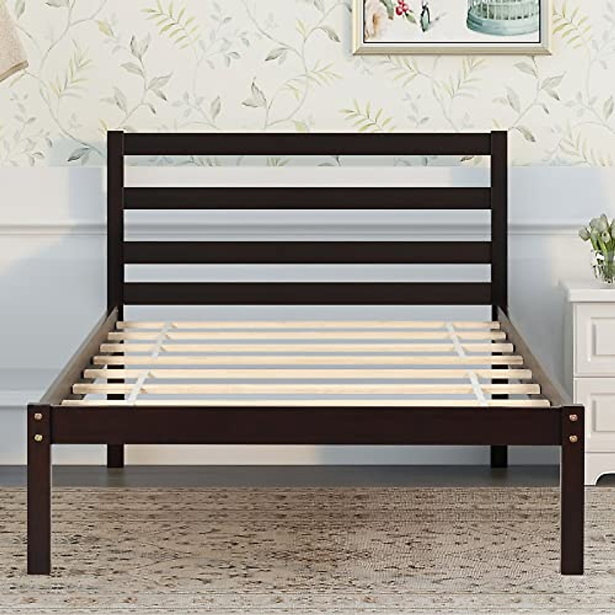 Airdown Twin Size Bed Frame No Box Spring Needed, Metal Platform Bed Frame Twin with Wooden Headboard, Mattress Foundation with Wood Slat Support, Easy Assembly, Noise-Free