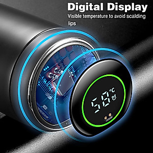 By Luck Temperature Display Water Bottle 16oz - Vacuum Insulated Thermos Bottles, Leakproof, BPA Free, Double Walled Reusable Travel Mug for Keep Hot/Ice Coffee, Tea (Black)