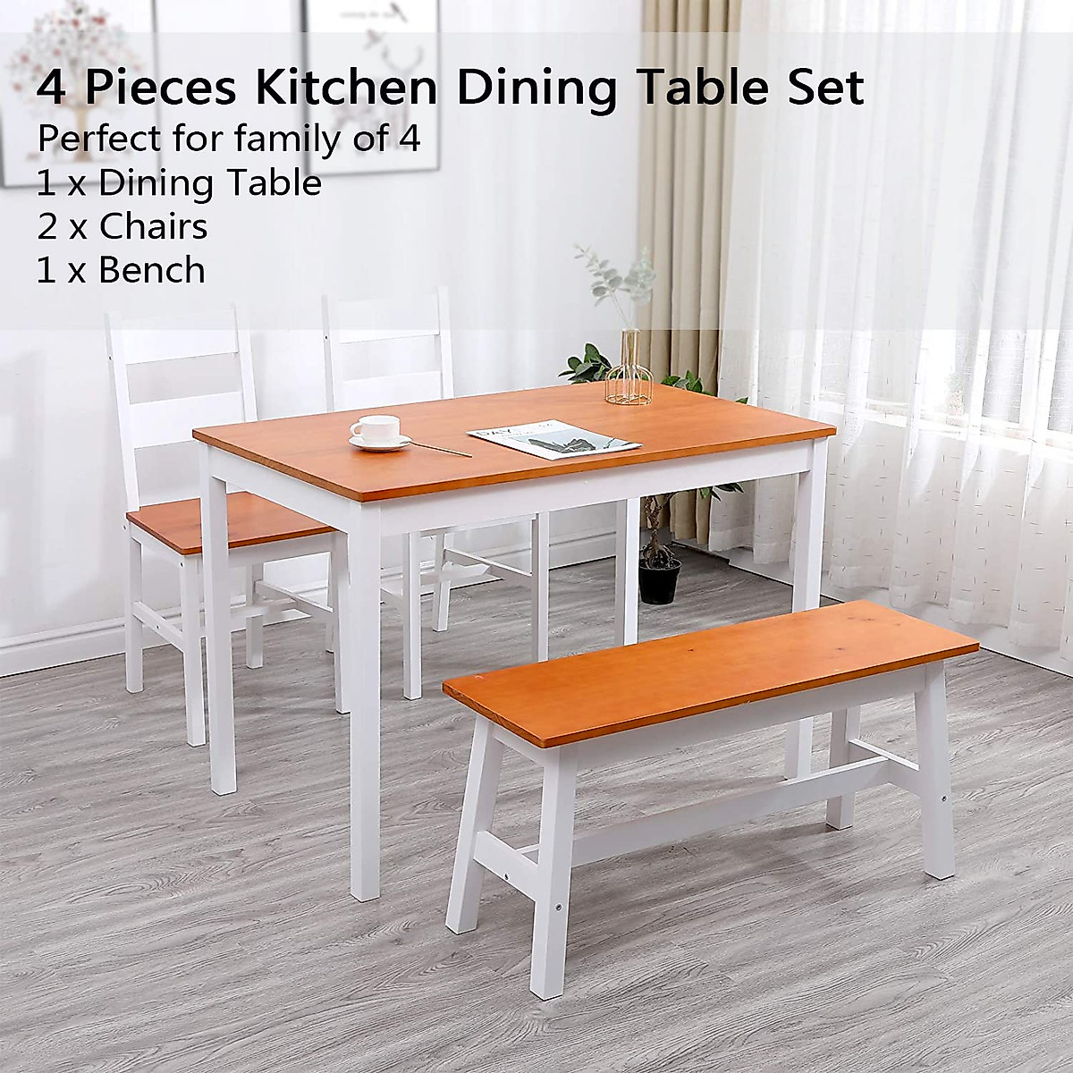 Alohappy Dining Table Set for 4, Solid Wood Kitchen Table with 2 Chairs and Bench, 4-Person Space-Saving Dinette Table for Kitchen, Dining Room, Sturdy Structure Easy Assembly Orange + White