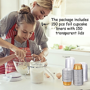 150 Pcs Aluminum Foil Baking Cup Disposable Ramekins with Lids 5oz Mini Cupcake Liners Flan Mold Mini Cake Pans with Lids Disposable Cake Tins for Pudding Desert Creme Brulee (Gold, Silver)