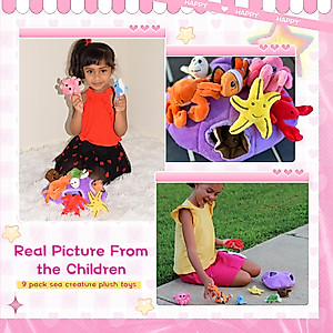 Muiteiur Plush Soft Ocean Animals Set with Plush Sea Shell House Includes Stuffed Turtle, Lobster, Crab, Dolphin, Devil Fish, Octopus, Starfish, Clownfish (Multicolor,8 Piece)