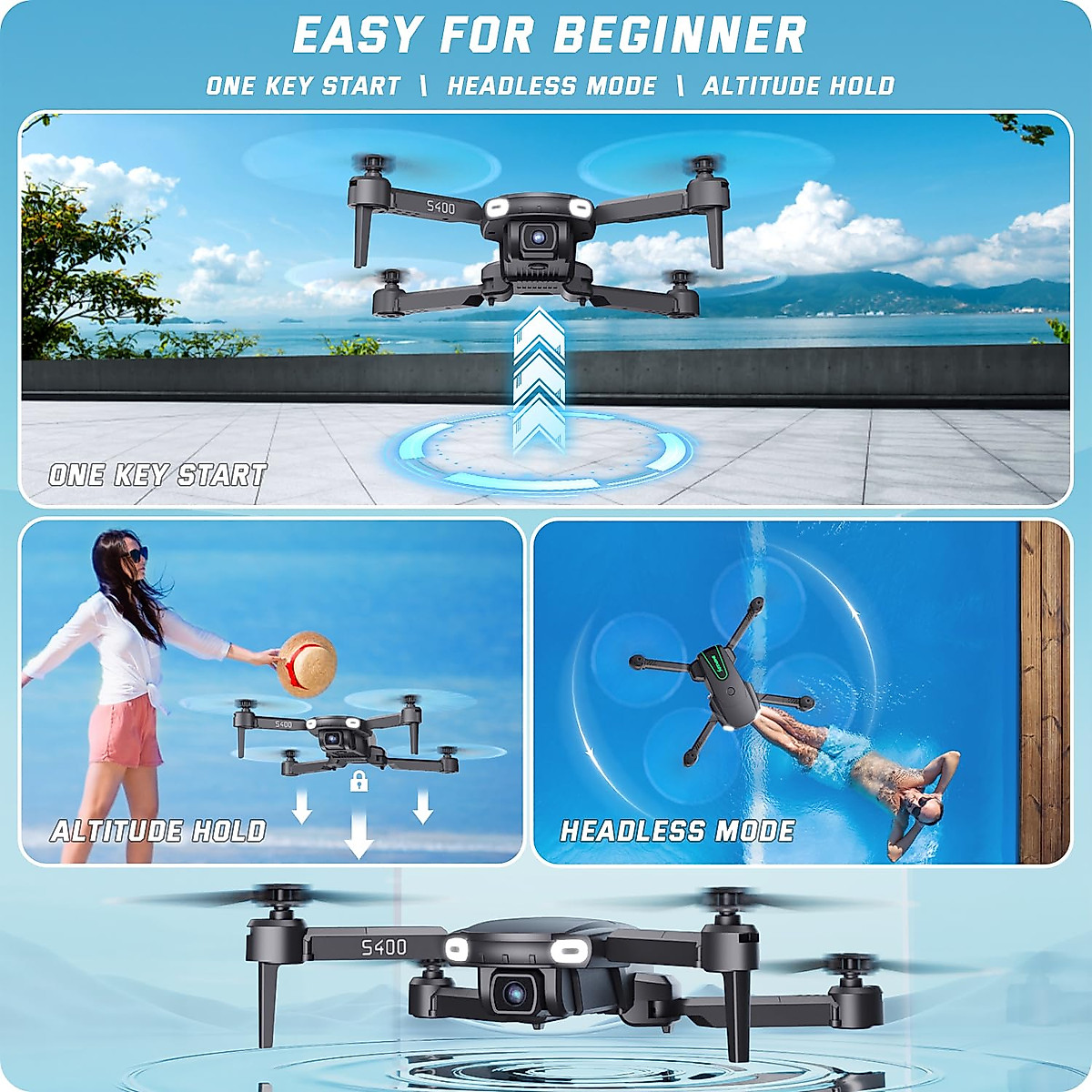SOTAONE S400 Mini Drone for Kids with 1080P HD FPV Camera, Foldable Remote Control Helicopter Toys Gifts for Boys Girls with Auto-hovering, One Key Start/Land, Self-spin, 3D Flips 3 Speeds 2 Batteries