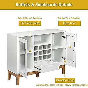 PETSITE White Sideboard Buffet Storage Cabinet with Removable Wine Rack, Glass Doors, Open Shelf & Drawer, Wood Accent Console Table for Living Room, Entryway