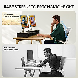 AMERIERGO Dual Monitor Stand -Adjustable Length and Angle, Dual Monitor Riser, Computer Monitor Stand w/2 Slot, Desktop Organizer, Monitor Stand Riser for PC, Computer, Laptop (Black)