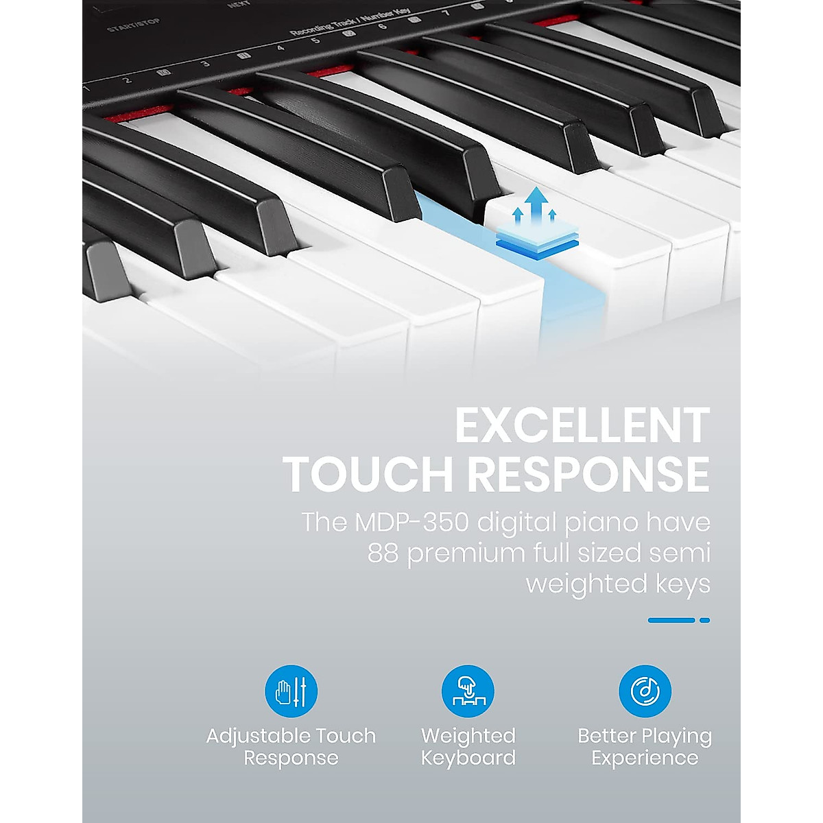 Moukey MDP-350 88-Key Semi Weighted Piano Action Digital Beginner Keyboard with Furniture Stand & Piano Stool, Triple Pedals, Power Supply, Black