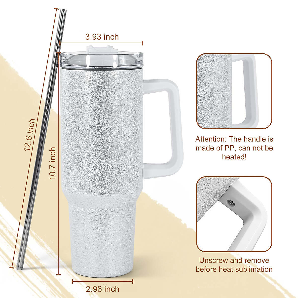 AGH 4 Pack 40 oz Sublimation Glitter White Tumbler with Stainless Steel Straw and Lid, Insulated Double Wall Vacuum Reusable Cups with handle