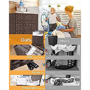 Rantizon Laundry Hamper with Lid, 110L Wicker Laundry Baskets with wheels 2 Foldable Compartment and 3 Removable Liner Bags, Synthetic Rattan Clothes Laundry Basket with Handles, Natural Brown