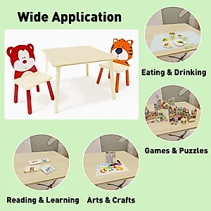 BAOMKONG Kids Table and Chairs, Childrens Table and Chair Set of 3 Piece, Wooden Cartoon Animals Design, Ideal for Arts & Crafts, Gift for Ages 2+, Bear & Tiger